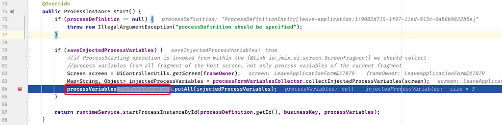 BPM start process NPE if only call saveInjectedProcessVariables - Support - Jmix