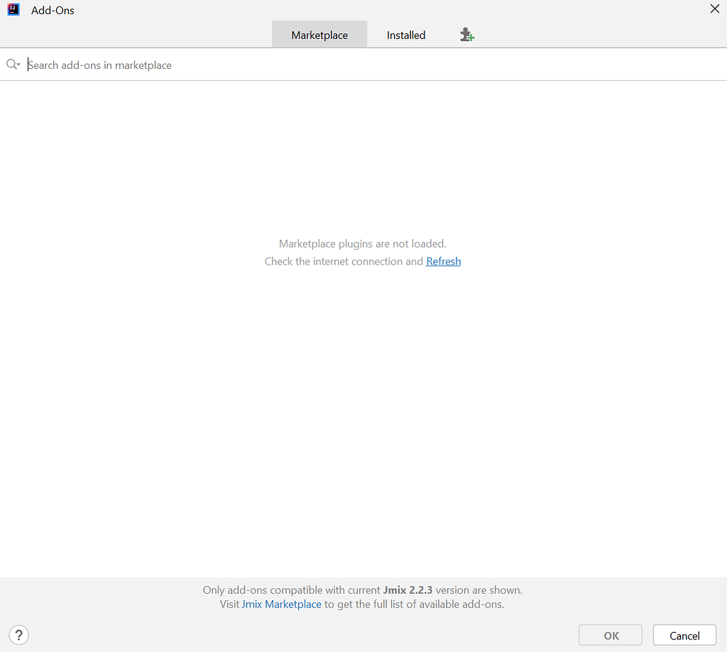 Why the Marketpalce and Installed is empty? - Support - Jmix